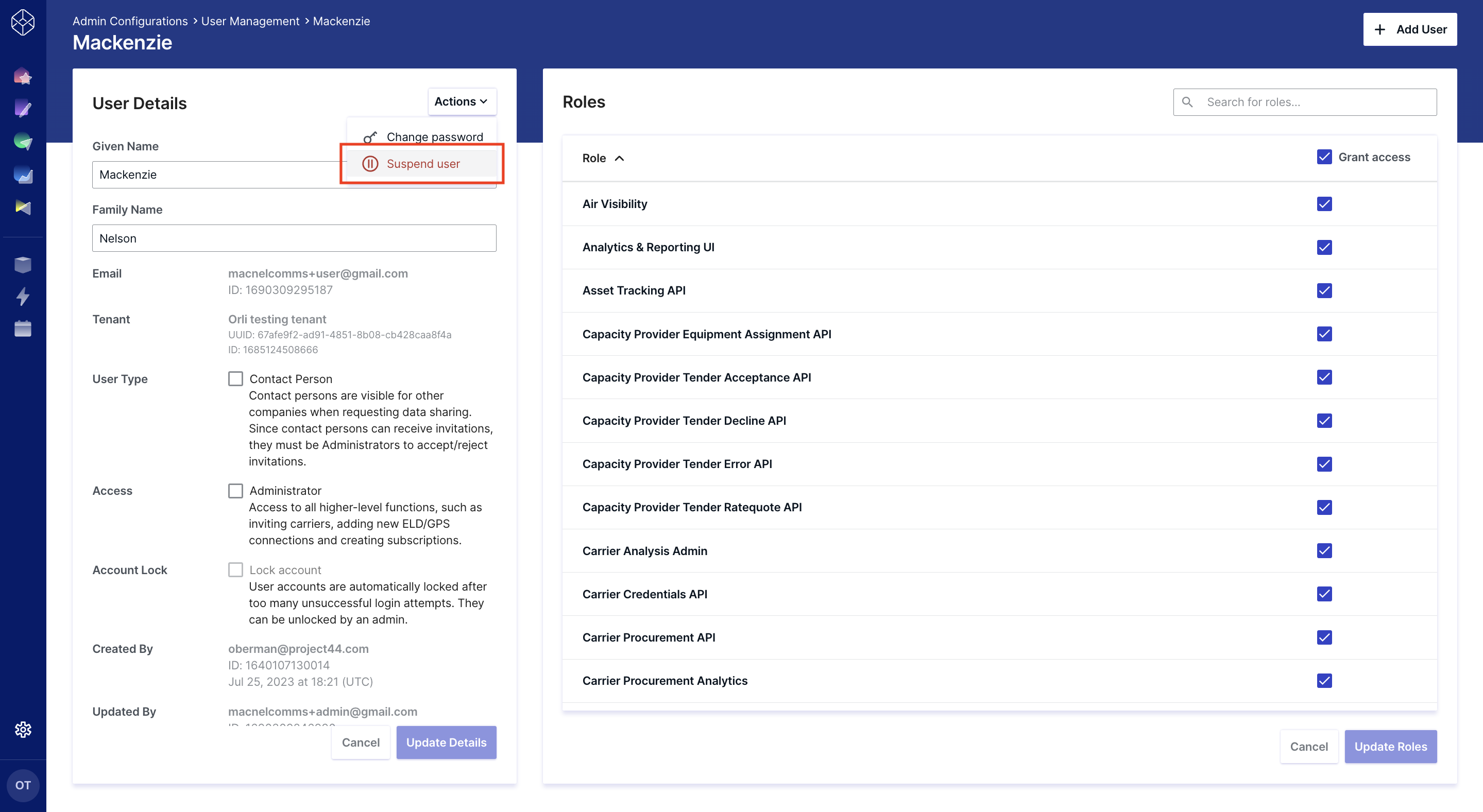 Suspend a User Account in Your Tenant – project44